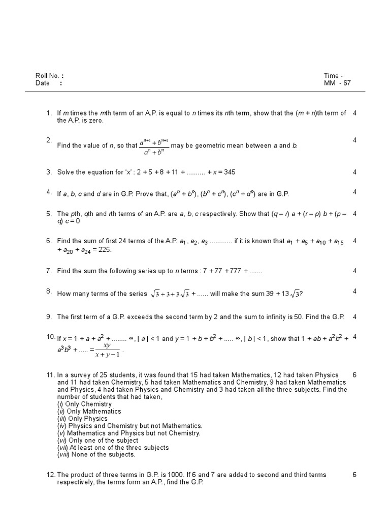 11th-Sets, Sequences Practice Session | PDF | Advanced Placement | Mathematical Analysis