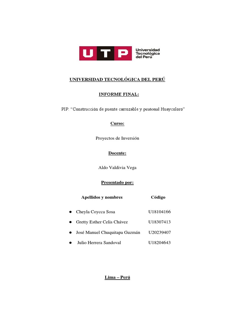 Sem 18 - INFORME FINAL - PIP PUENTE HUAYCOLORO | PDF | Lima | Puente Sem 18 - INFORME FINAL - PIP PUENTE HUAYCOLORO | PDF | Lima | Puente