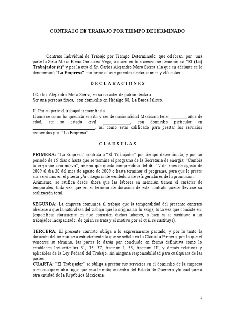 CONTRATO DE TRABAJO POR TIEMPO DETERMINADO Carlos Mora | PDF | Acuerdo colectivo