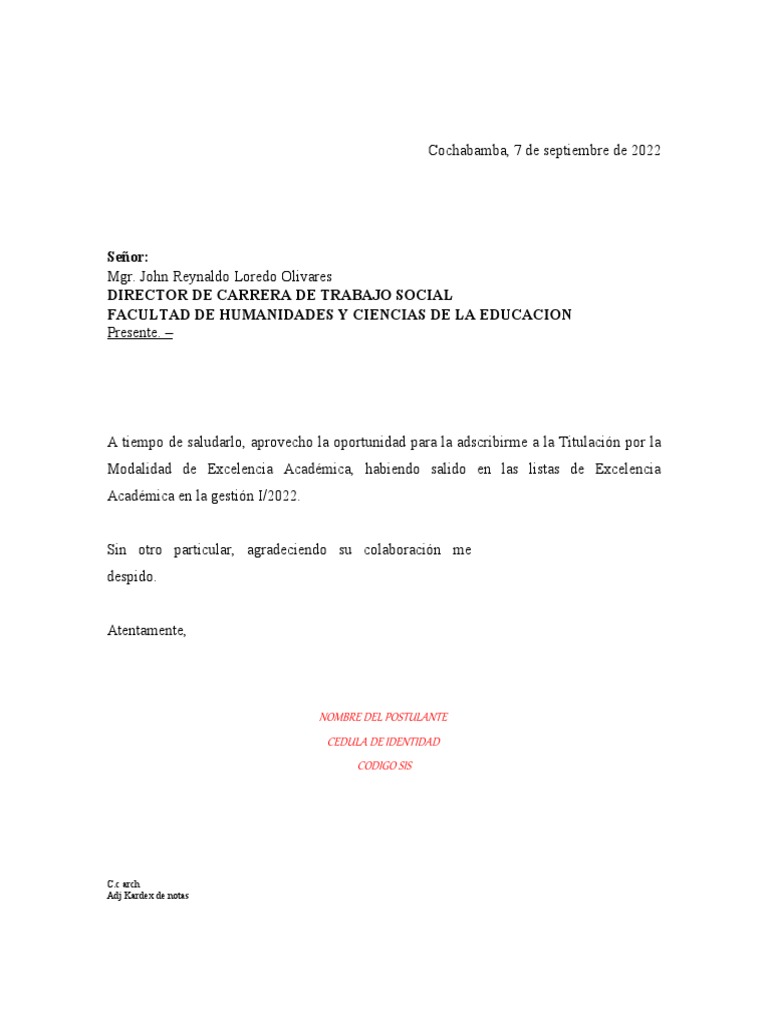 Modelo de Carta Excelencia 2022 | PDF