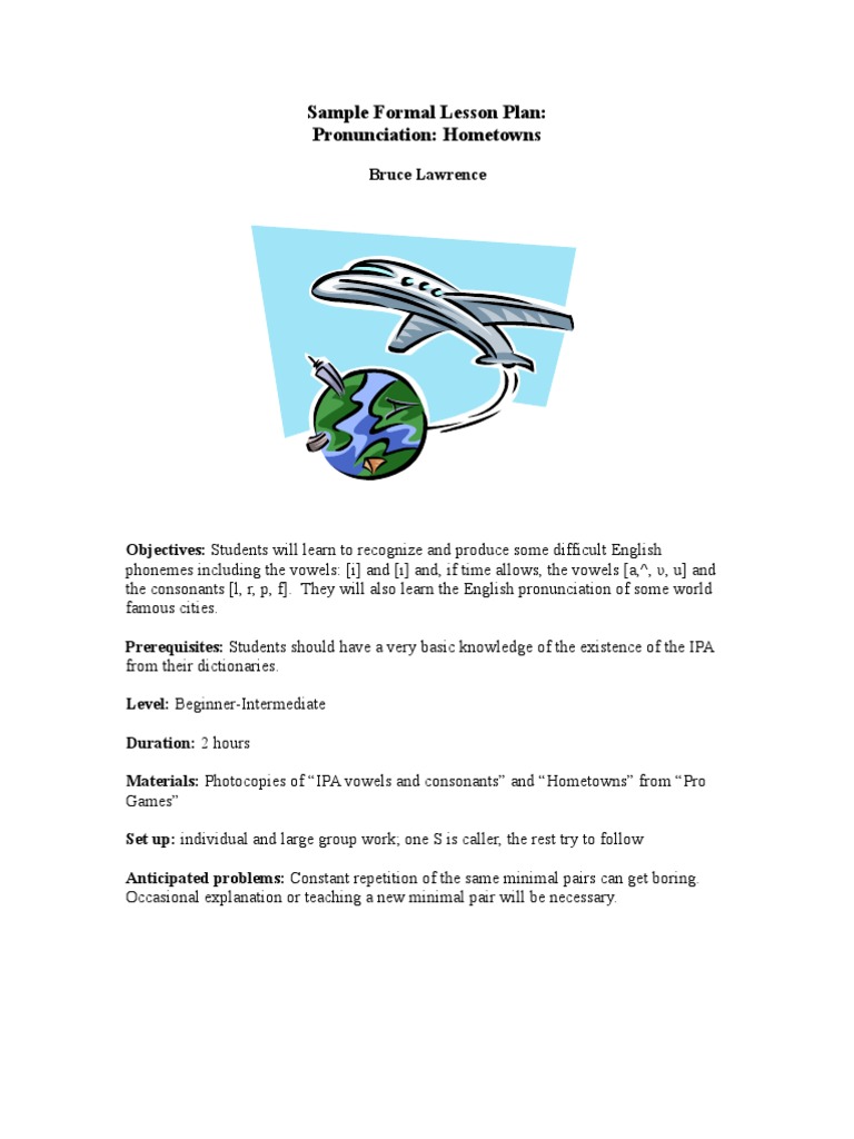 Sample Formal Lesson Plan: Pronunciation: Hometowns | PDF | Vowel ...