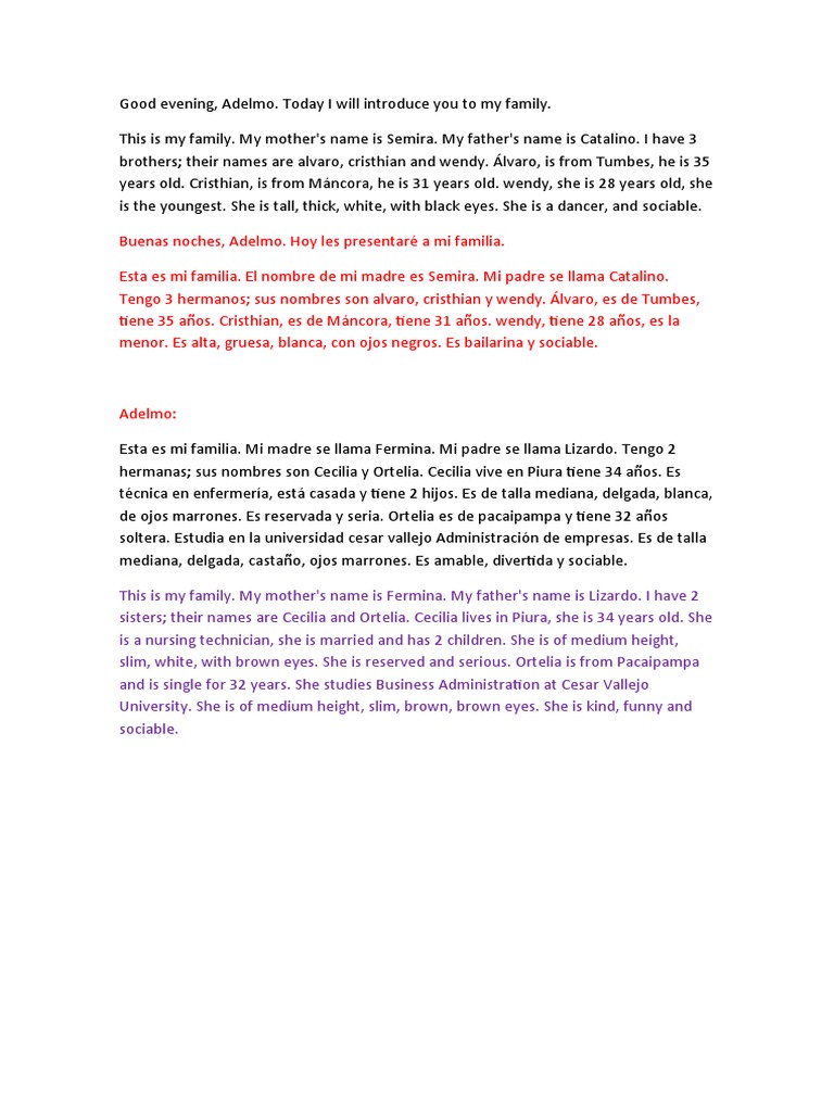 tarea de ingles semana 7 presentando a mi familia | PDF