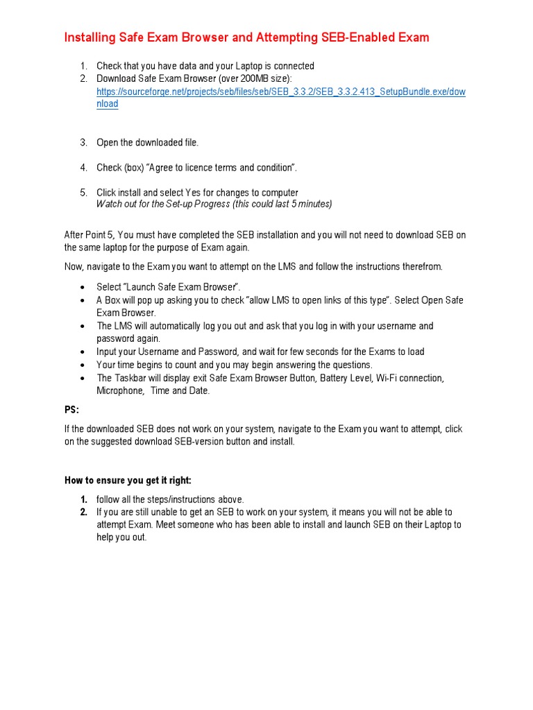 Installing Safe Exam Browser and Attempting SEB-Enabled Exam | PDF