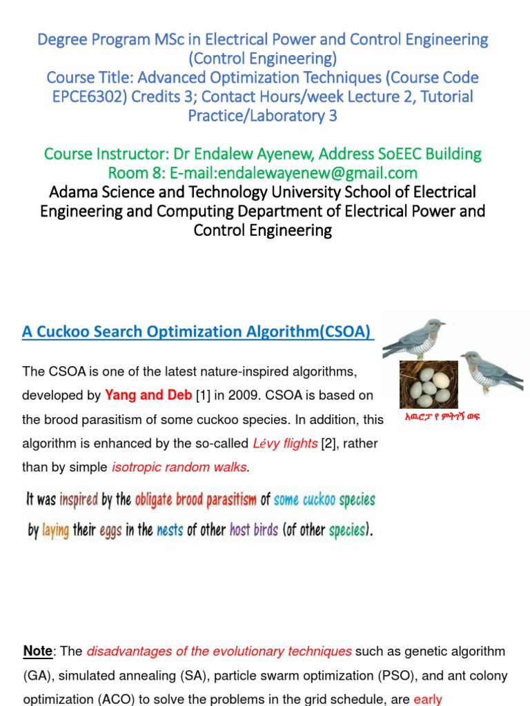 Cuckoo Search Optimization Algorthim By Dr Endalew Pdf Mathematical Optimization