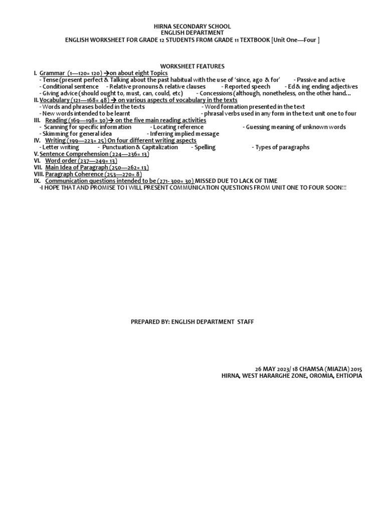 English Worksheet From Grade 11 Text Unit One to Four With Answers ...