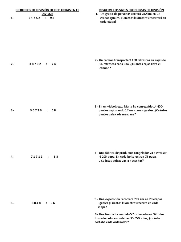 Ejercicios y Problemas de División de Dos Cifras en El Divisor 26-06 ...