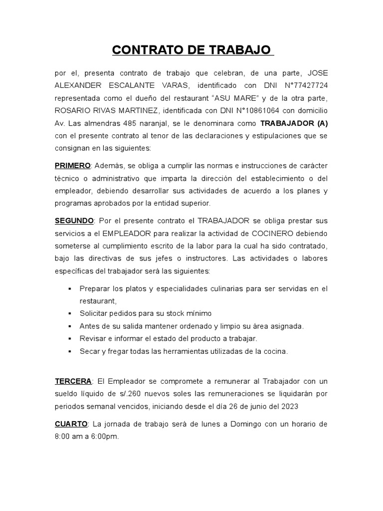 Contrato de Trabajo para Cocinero | PDF