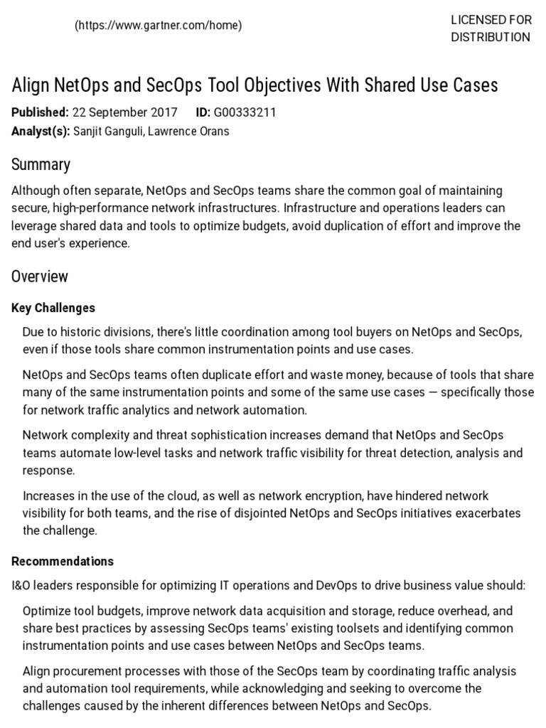 Gartner Reprint Align NetOps and SecOps Tool Objectives With Shared Use ...