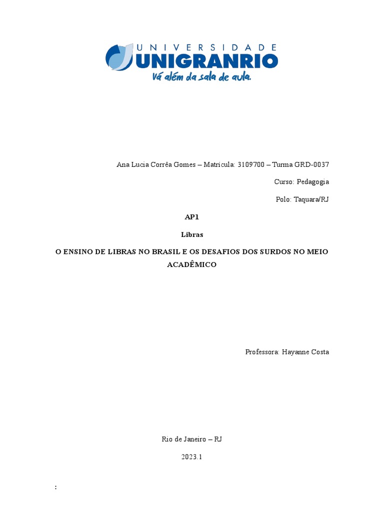 AP1 LIBRAS GRD0037 Ana Lucia Corrêa Gomes | PDF | Surdez | Deficiência
