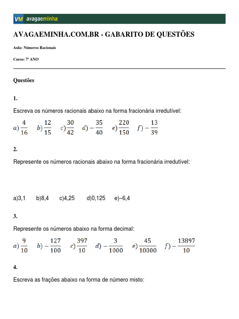 Questoes 7o Ano Numeros Racionais | PDF | Número racional | Conceitos ...