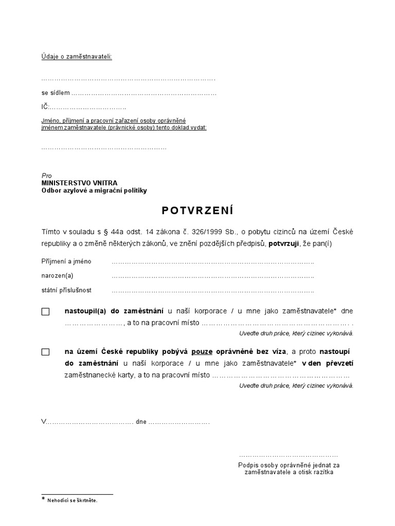 Vzor Potvrzeni Zamestnavatele o Nastoupeni Cizince Do Zamestnani - 20191127 | PDF