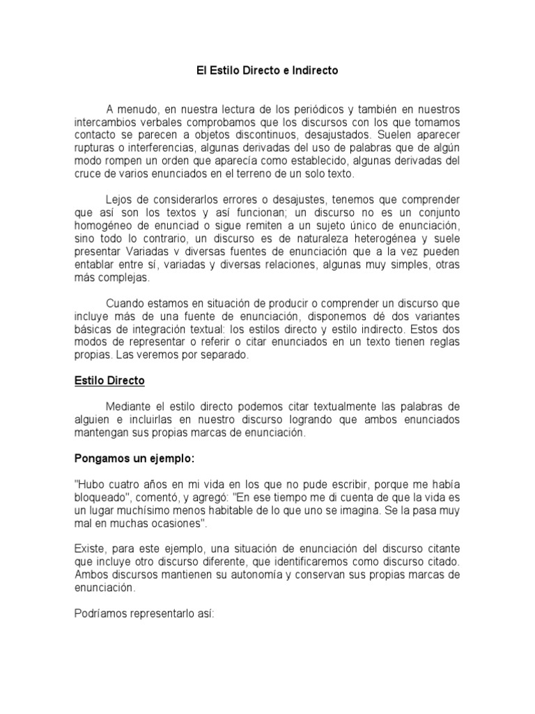 El Estilo Directo e Indirecto | PDF | Oración (Lingüística) | Verbo