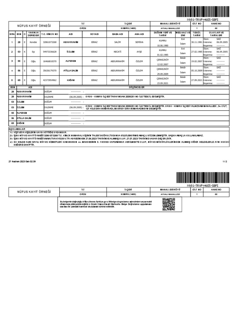 Nufus Kayit Ornegi | PDF