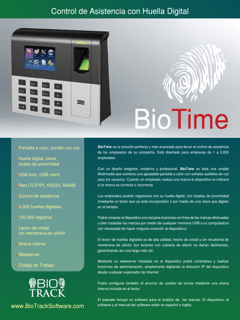 Control de Asistencia Biometricos Biotrack BT-TIME | PDF | Red de ...