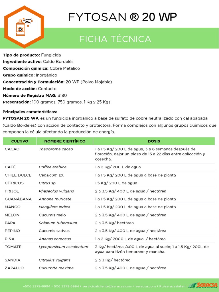 Ficha Técnica de Fitosan 20 WP | PDF | Agua | Cocina vegana