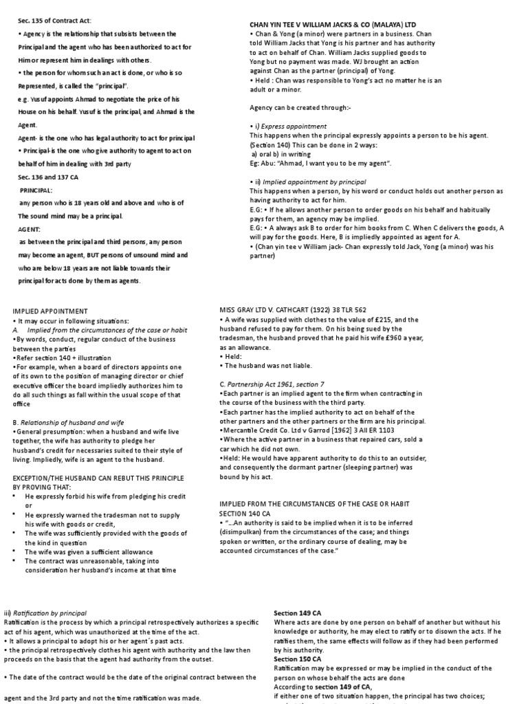Law Agency Notes Pdf Law Of Agency Ratification