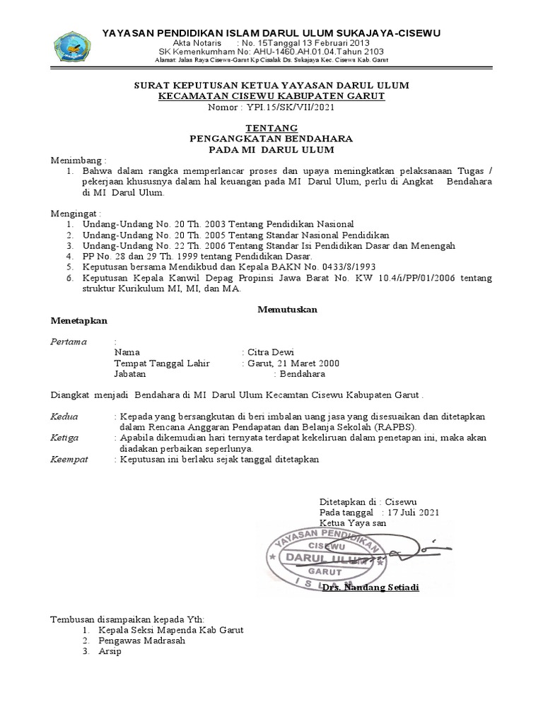 Contoh SK Kepala Dan Bendahara | PDF