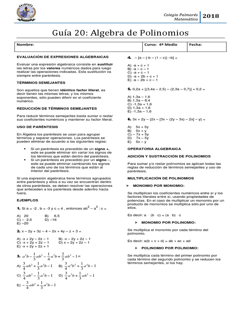 Algebra de polinomios | PDF | Notación Matemática | Álgebra abstracta