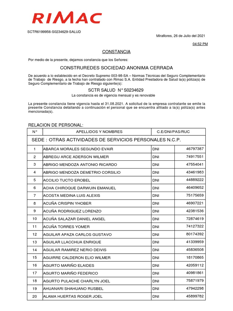 Constancia SCTR | PDF