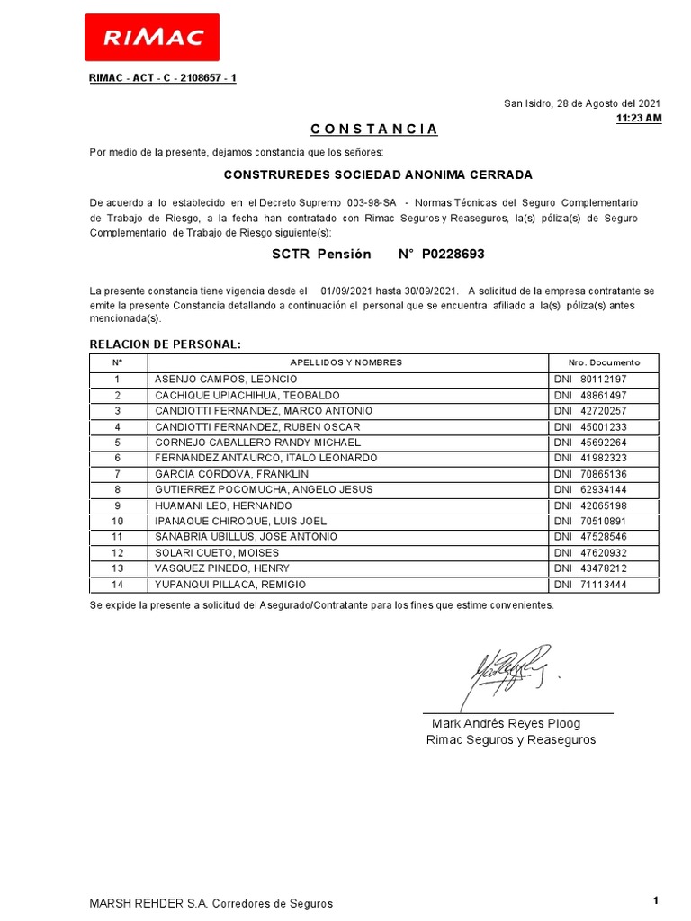 SCTR - Constancia - Set | PDF | Seguro | Reaseguro