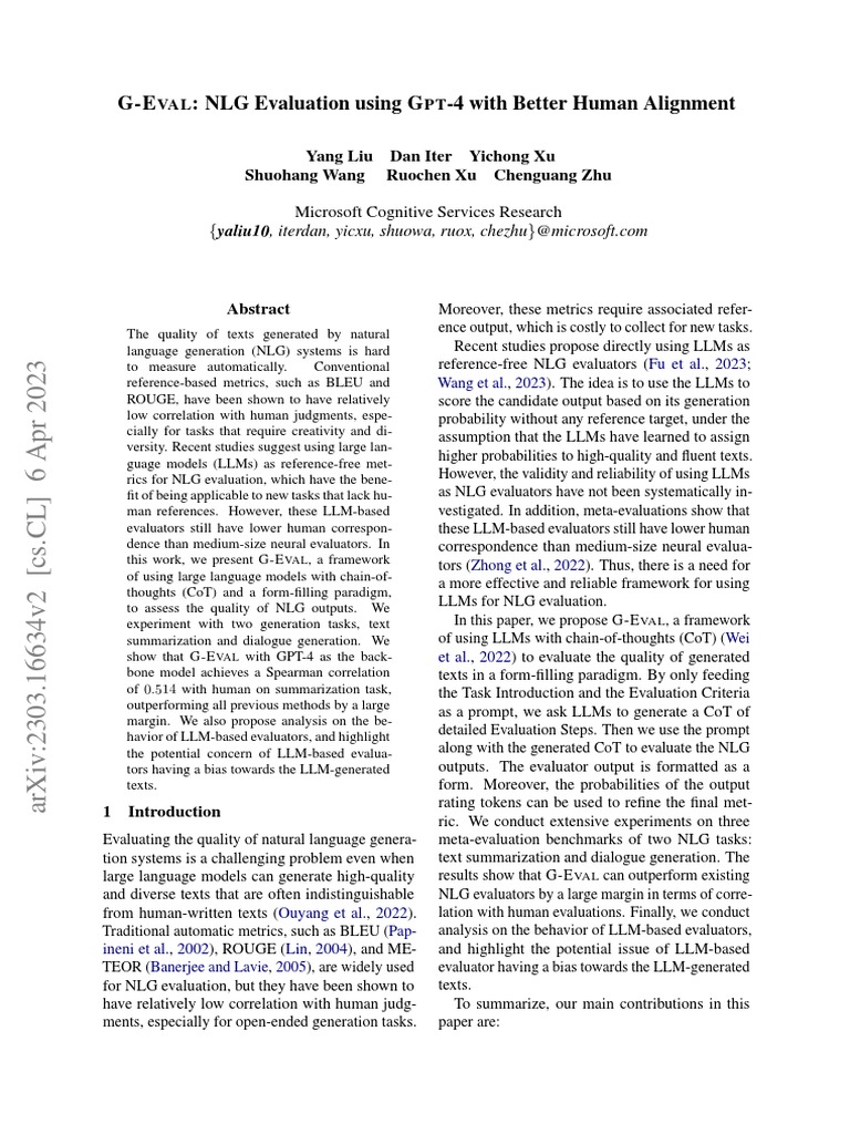 G-E: NLG Evaluation Using G - 4 With Better Human Alignment: VAL PT | PDF | Artificial ...