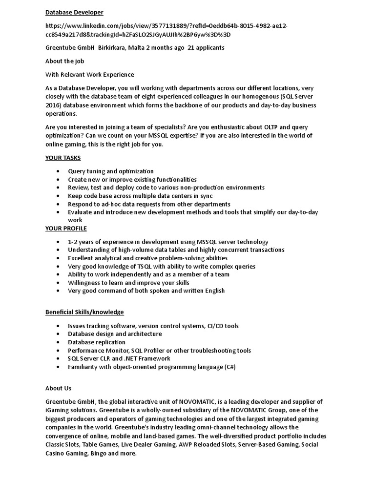 Database Developer Birkirkara Malta Pdf Microsoft Sql Server Databases 