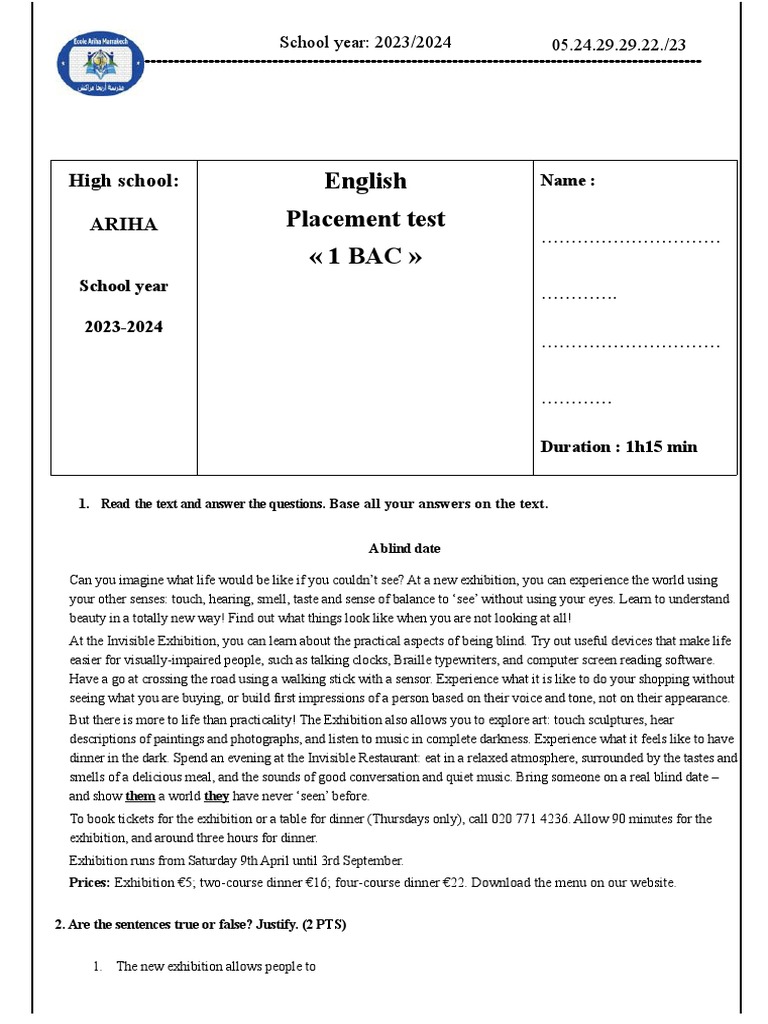 Placement Test 1 | PDF | Menu | Visual Impairment