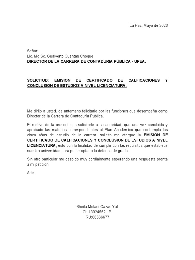 Modelo de Carta de Solicitud para Certificado de Conclusion de Estudios ...
