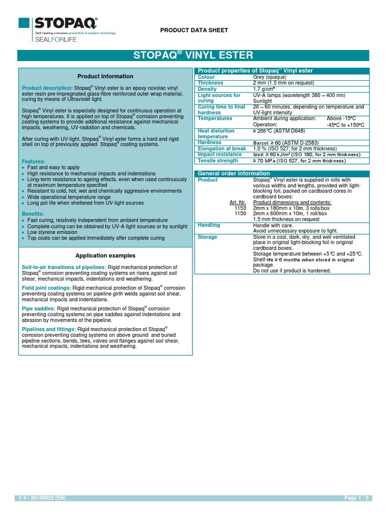 PDS Stopaq Vinylester V4 en | PDF | Ultraviolet | Polyvinyl Chloride