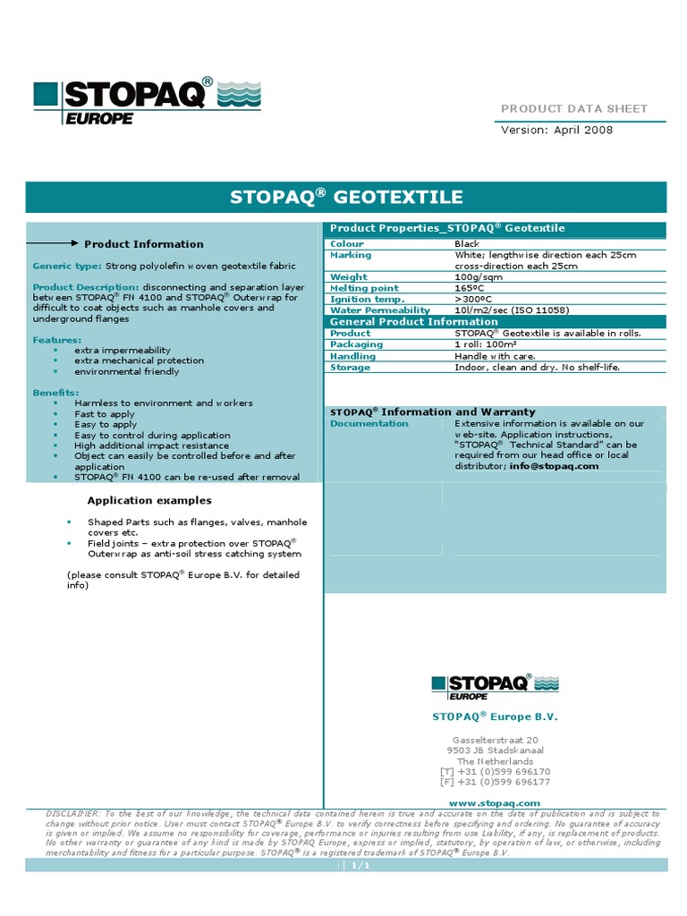 STOPAQ Product Data Sheet STOPAQ Geotextile Version April 2008 UK | PDF