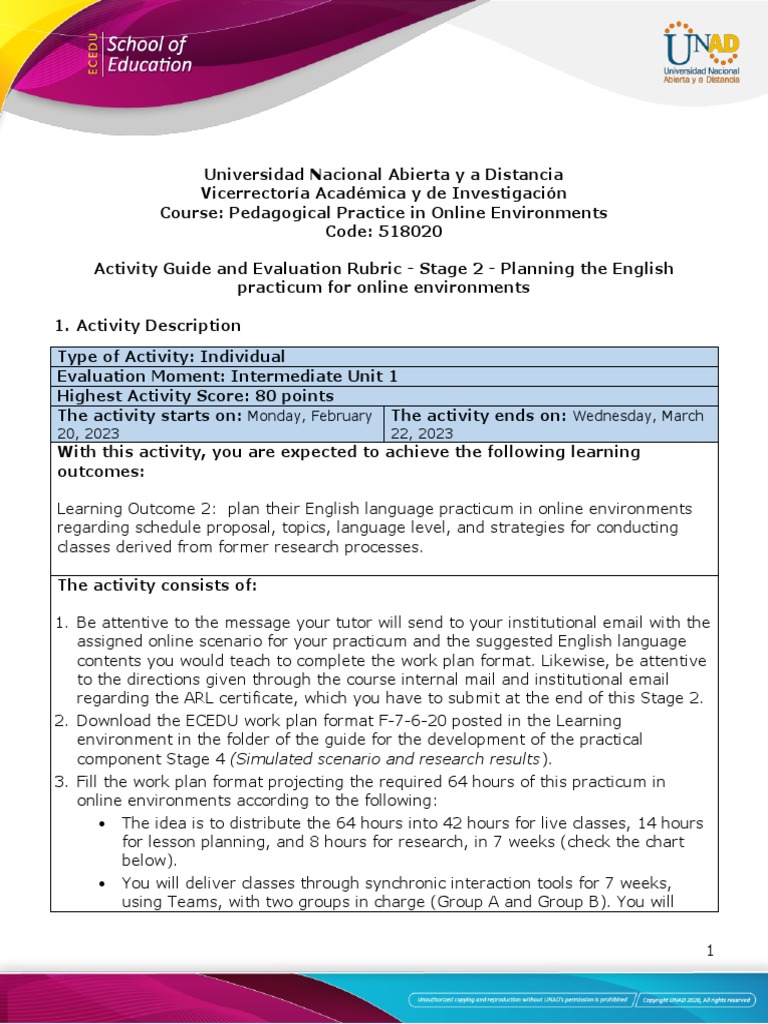 Activity Guide and Evaluation Rubric - Unit 1 - Stage 2 - Planning The English Practicum For ...