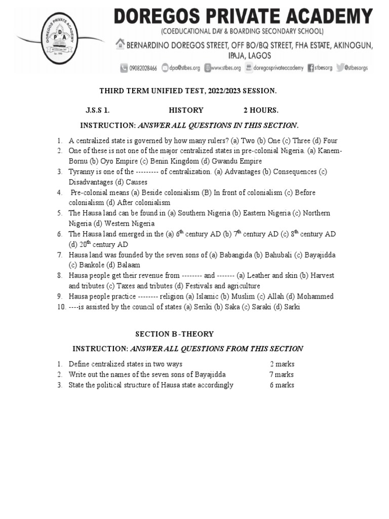 THIRD TERM UNIFIED TEST JSS1 History | PDF | Travel