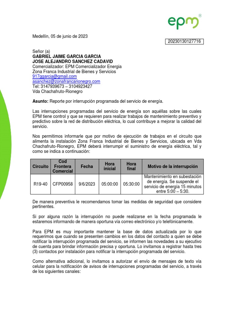 Interrupción Programada Energía EPM - Circuito R19-40 - Zona Franca ...