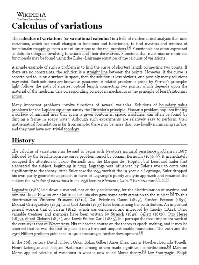 Calculus of Variations - Wikipedia | PDF | Calculus Of Variations | Maxima And Minima