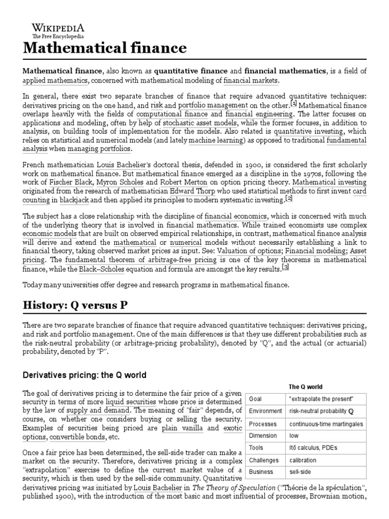 Mathematical Finance - Wikipedia | PDF | Mathematical Finance ...