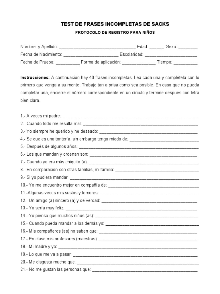 Test de Sacks. Niños | PDF