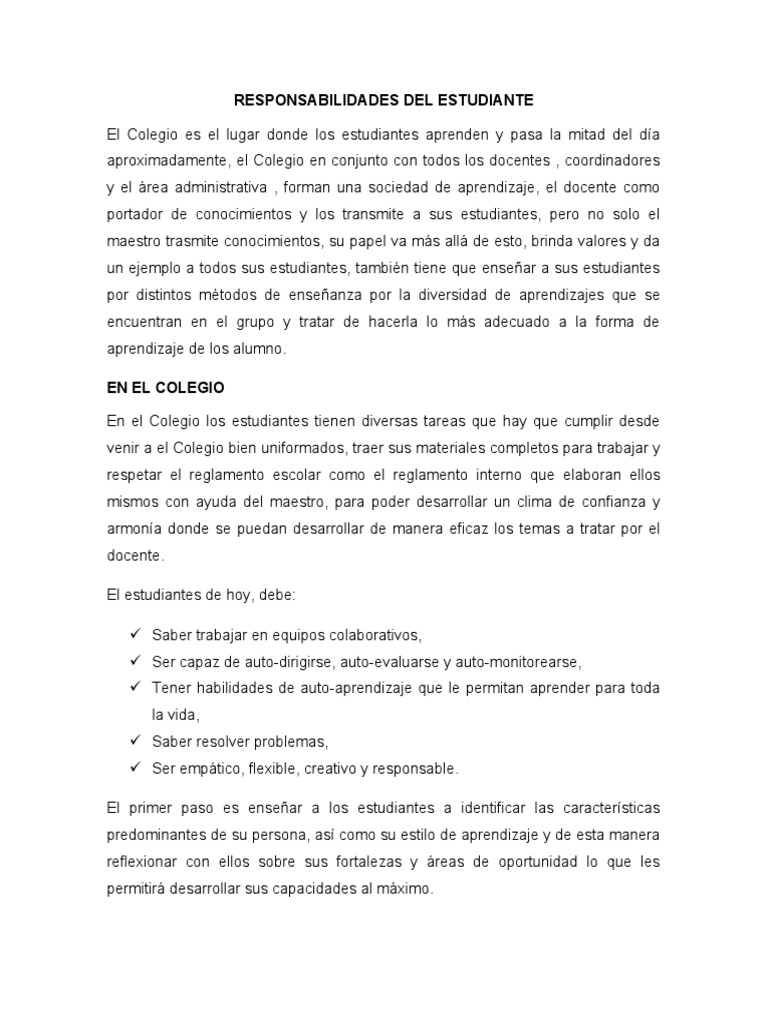 Responsabilidades Del Estudiante | PDF | Aprendizaje | Enseñando