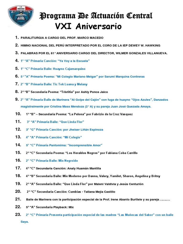 Programa Actuación Central Por Aniversario-1 | PDF