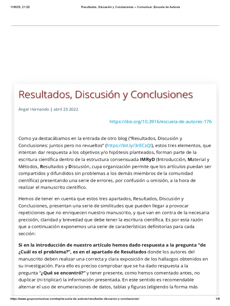 Resultados, Discusión y Conclusiones - Comunicar. Escuela de Autores | PDF | Método científico ...