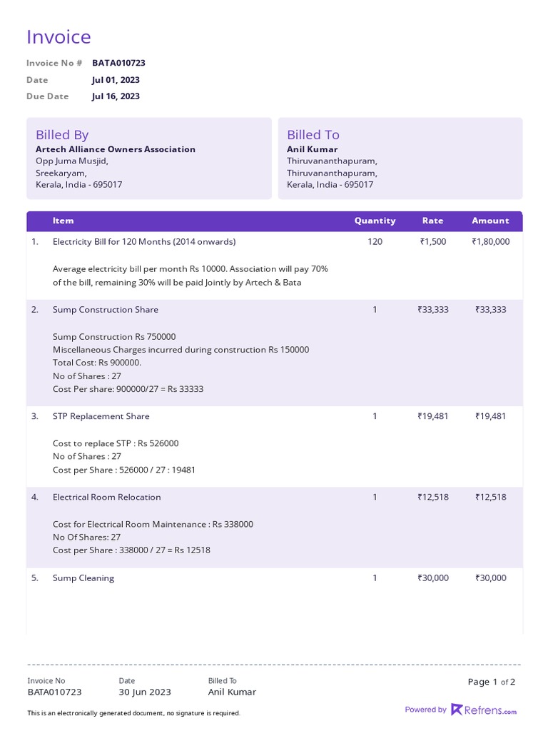 Invoice Bata010723 Artech Alliance Owners Association Anil Kumar | PDF | Invoice | Economies