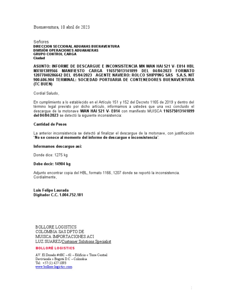 Informe de Descargue e Inconsistencia HBL MX101389566 | PDF