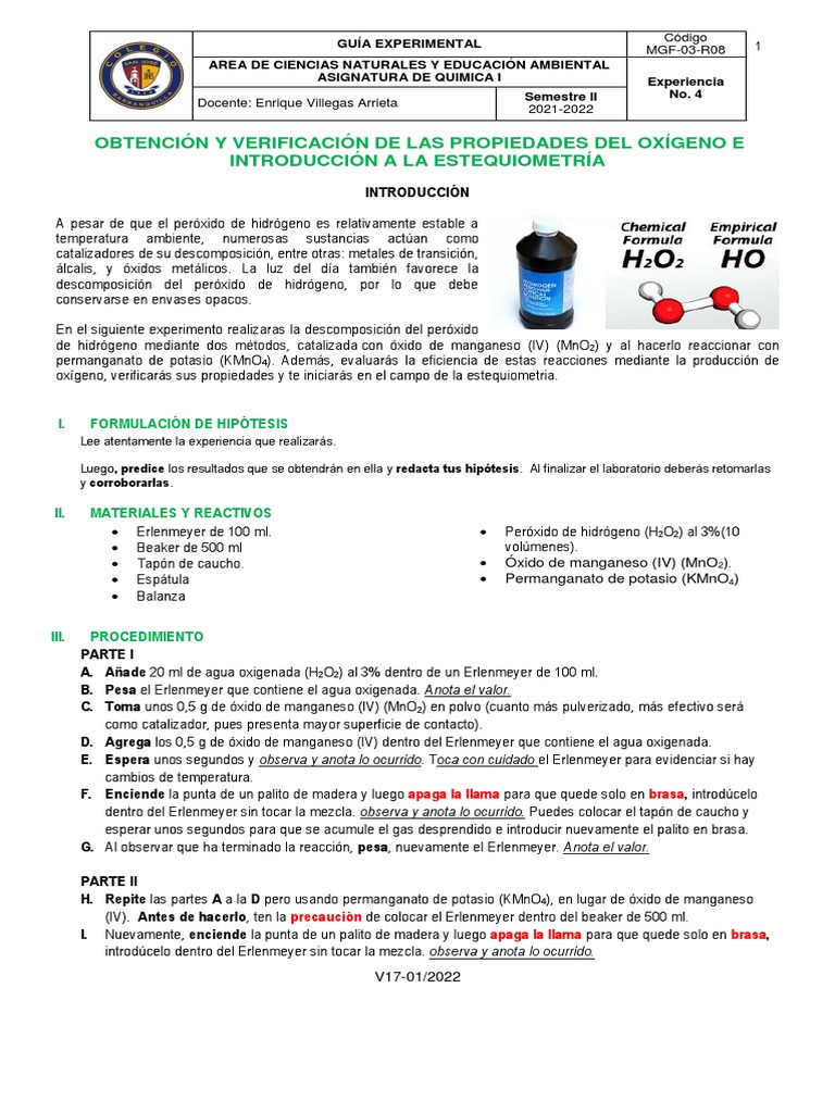 Lab No 4 - Obt. de Oxígeno + | PDF | Peróxido de hidrógeno | Peróxido
