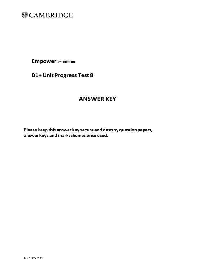 Empower Second Edition B1+ Unit Progress Test 8 Answer Key - Version A ...