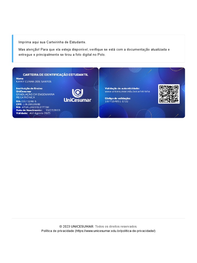 Início Carteirinha Online Impressão - Studeo Unicesumar | PDF