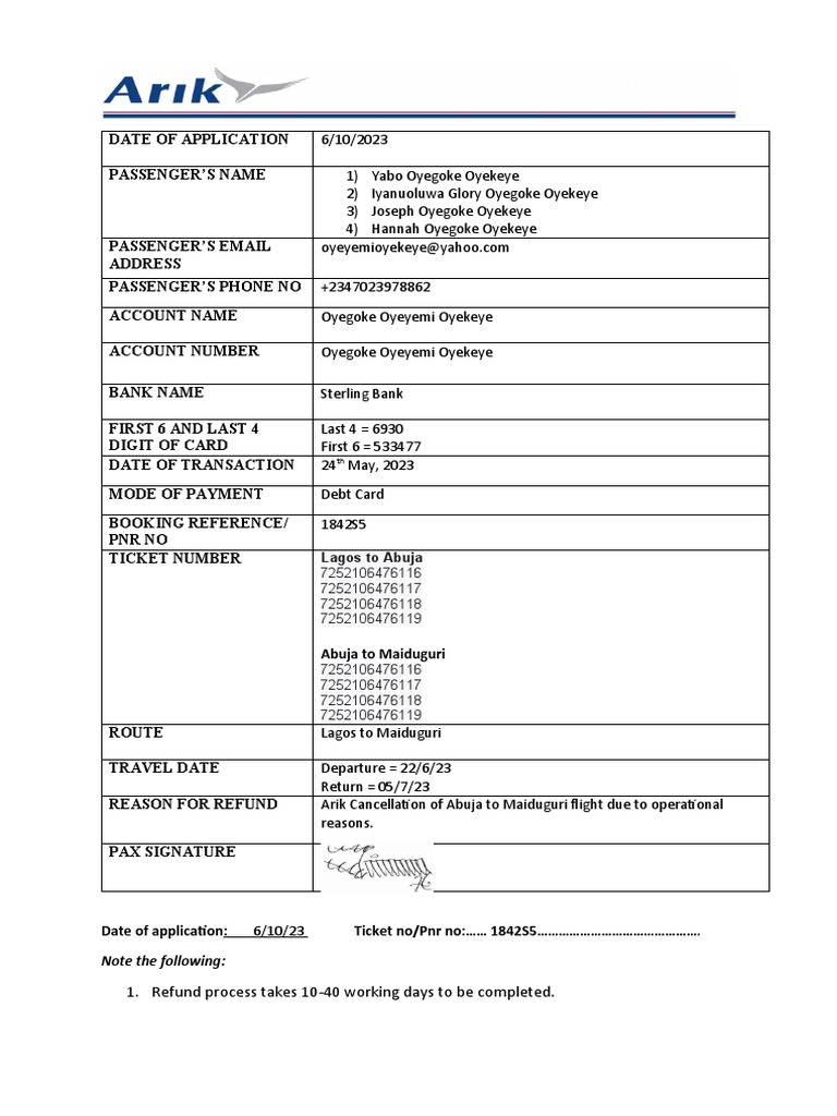 Arik Air Refund Application Details | PDF
