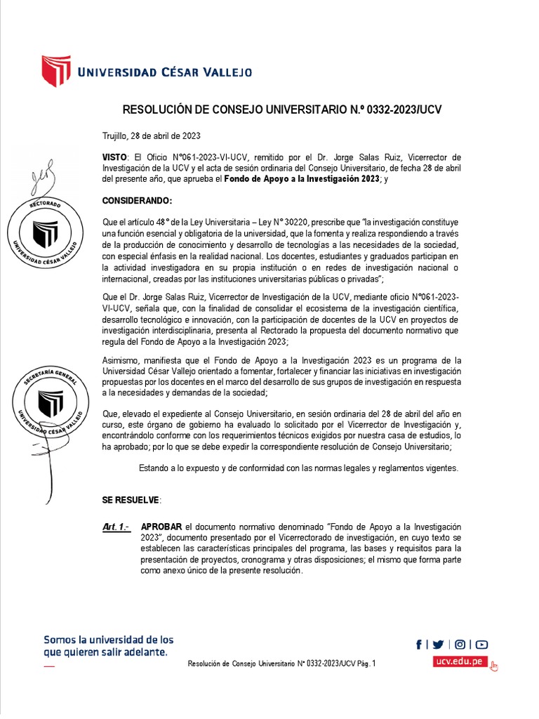 Rcu. #0332-2023 - Fondo de Apoyo A La Investigación Docente | PDF | Presupuesto | Universidad