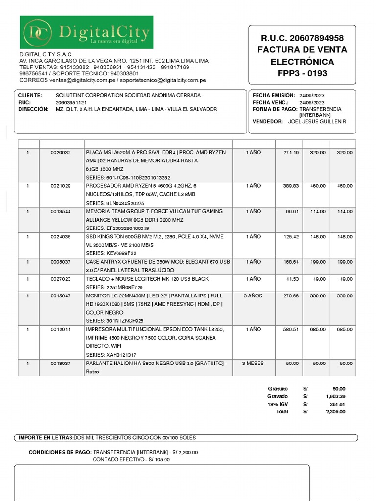 PDF Factura Electronica Fpp3 0193 | PDF | Hardware de la computadora | Ciencias de la Computación