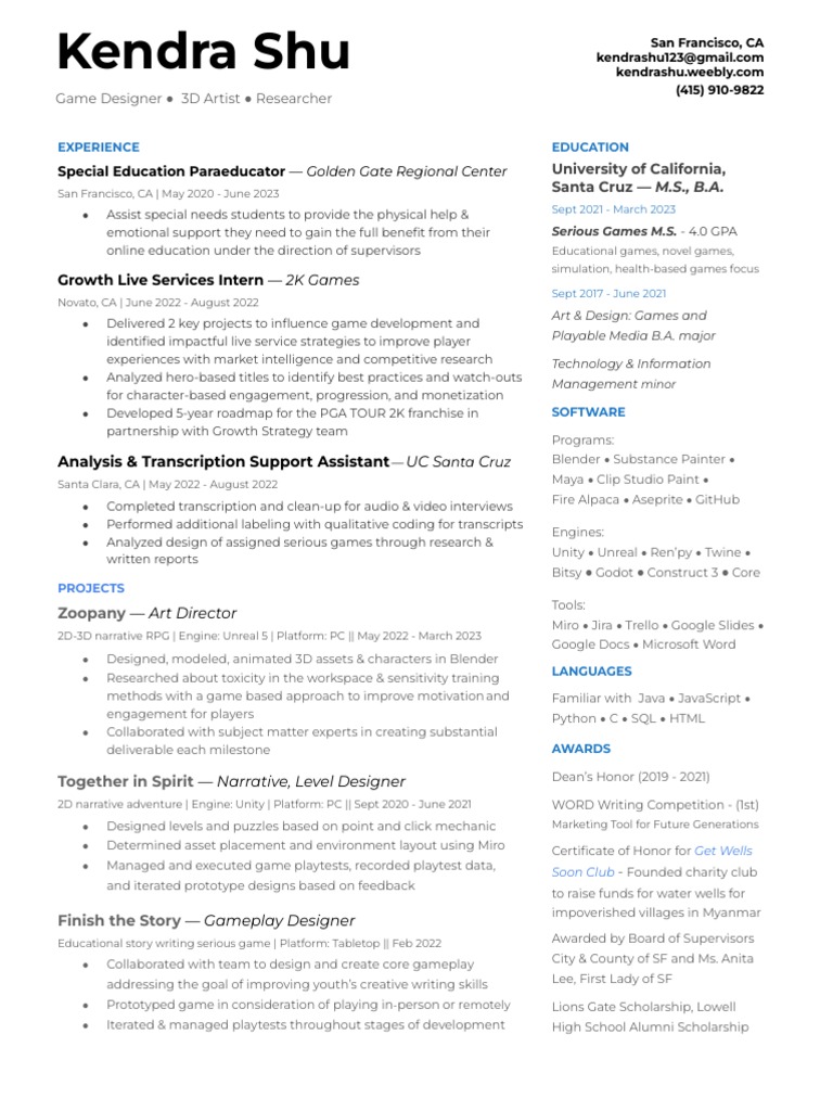 Kendra Shu Game Resume 2 | PDF | Software Development | Computing