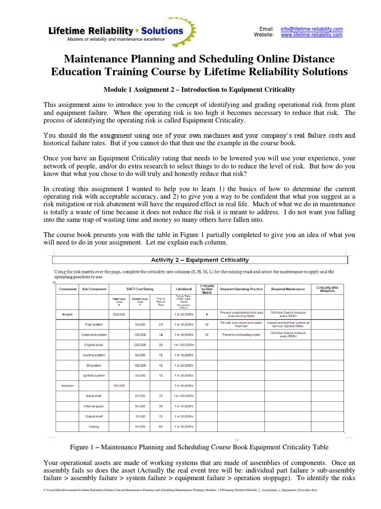 Module 1 Assignment 2 Equipment Criticality | PDF | Risk | Reliability Engineering