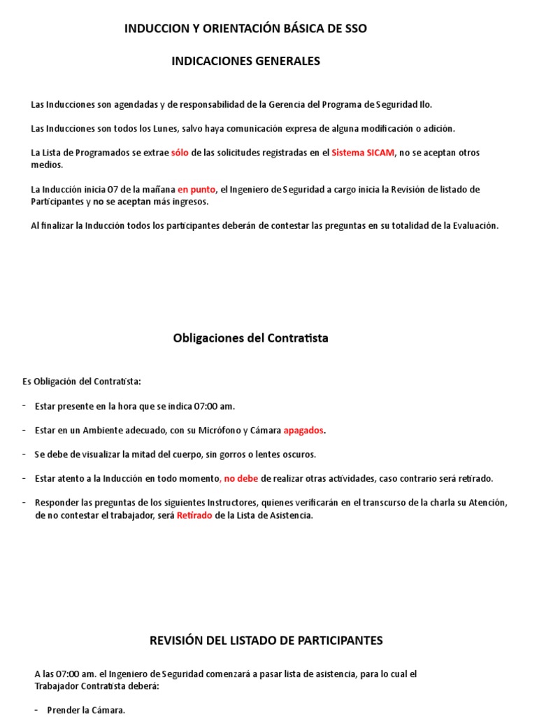 Indicaciones Generales Induccion Sso 2022 | PDF